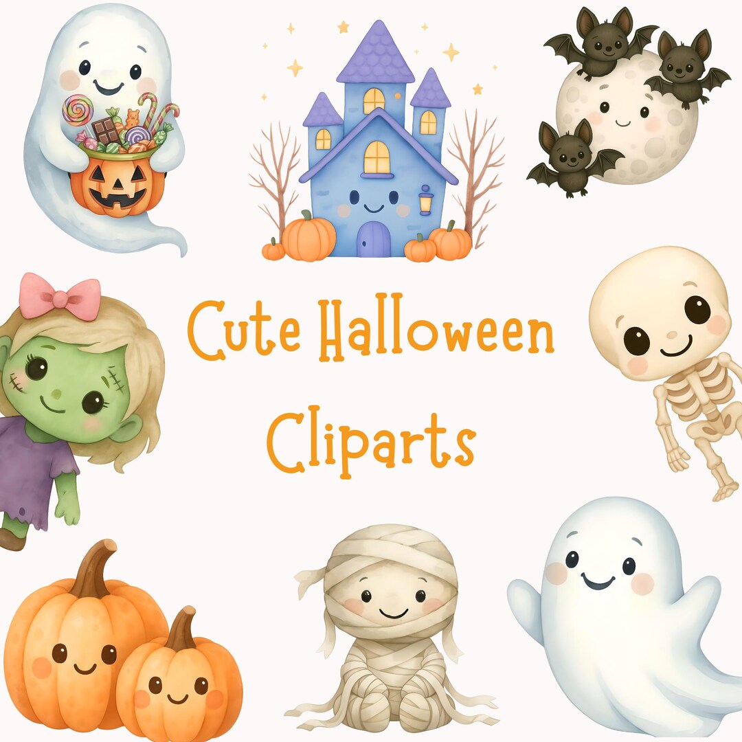 Cute Halloween Clipart - Watercolor - Kawaii Png - Ghost - Witch ...