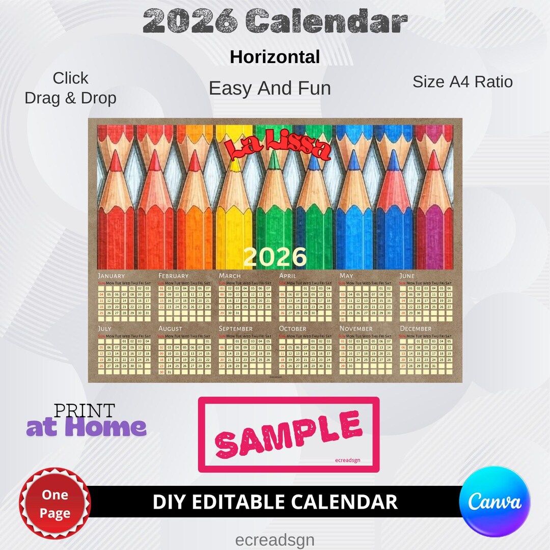 Editable Canva Calendar Template – A4 Horizontal Wall (digital Download ...