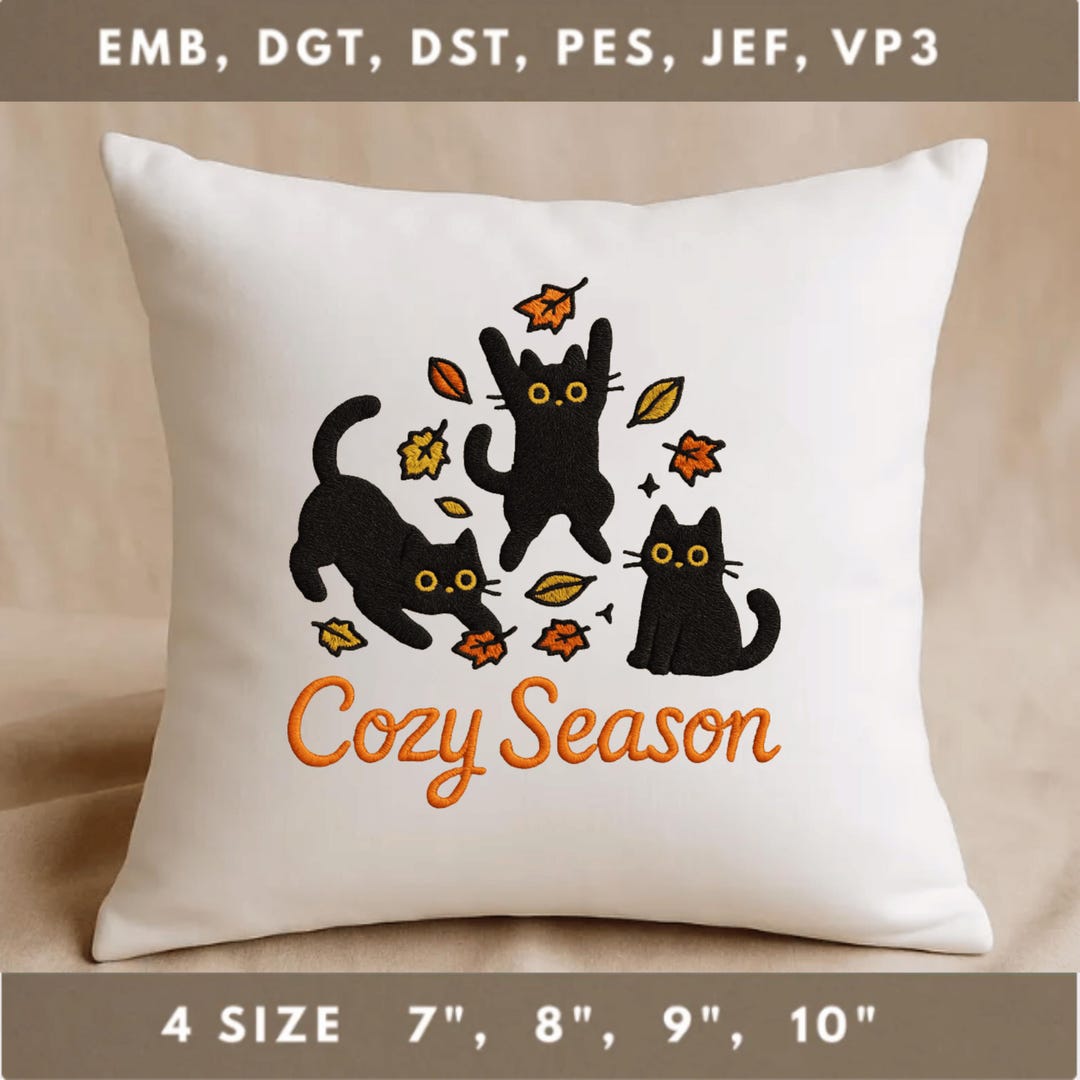 Black Cat Embroidery File Pouncing Leaves Cozy Season Embroidery Design ...