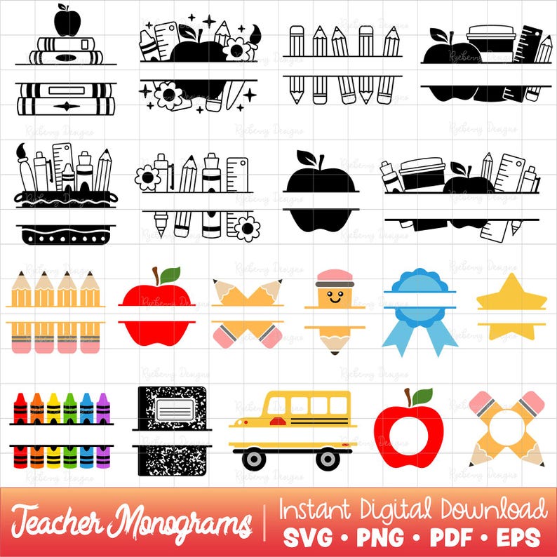 Teacher Monogram SVG Bundle Cute Back to School Svgs Split Name ...