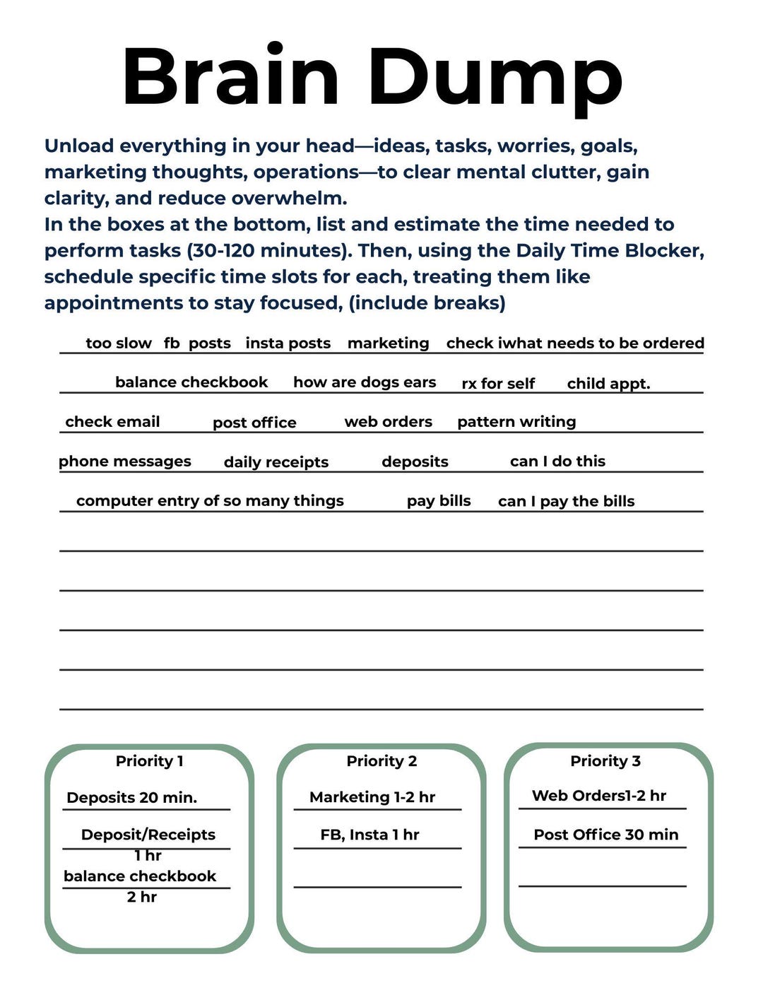 Printable Brain Dump With Sample - Etsy