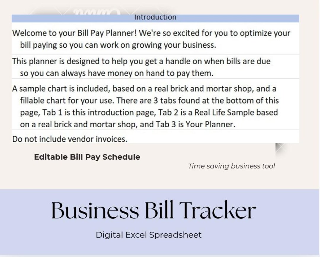 Business Bill Tracker | Editable Excel Spreadsheet | Small Business ...