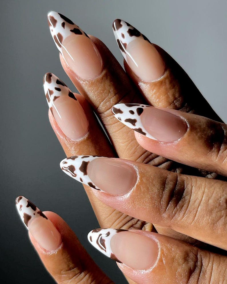 Brown Cow Print French Tip Press on Nails: Handmade Reusable Nail Set ...