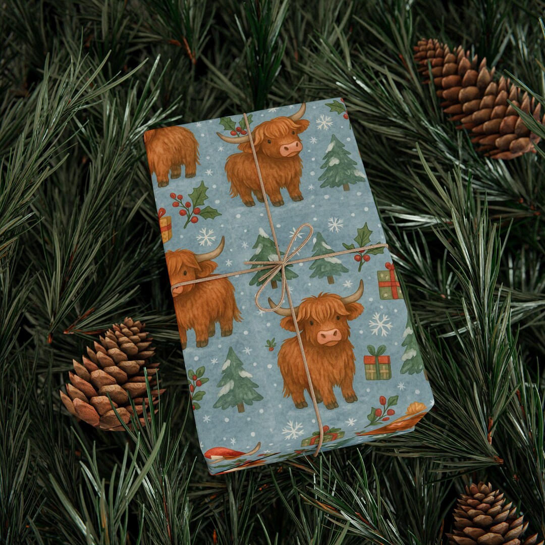 Christmas Highland Cow Wrapping Paper | Holiday Cow Pattern, Snowflakes ...