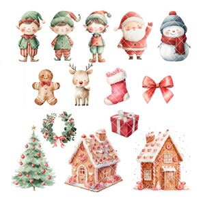 Watercolor Christmas Clipart Bundle: Santa, Elf, Reindeer (PNG ...