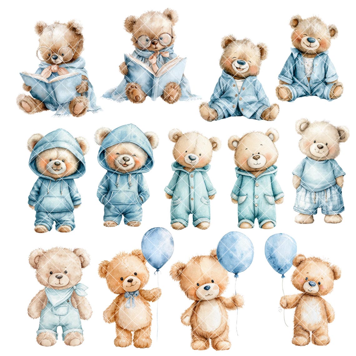 Blue Teddy Bear Clipart | Watercolor Baby Shower PNG (35 Files) - Etsy