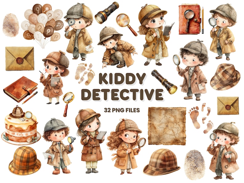 Kiddy Detective Watercolor Clipart Bundle, Birthday Party PNG Files ...