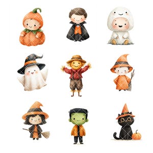 Watercolor Halloween Clipart: Kawaii Witch, Ghost, Pumpkin (PNG Files ...