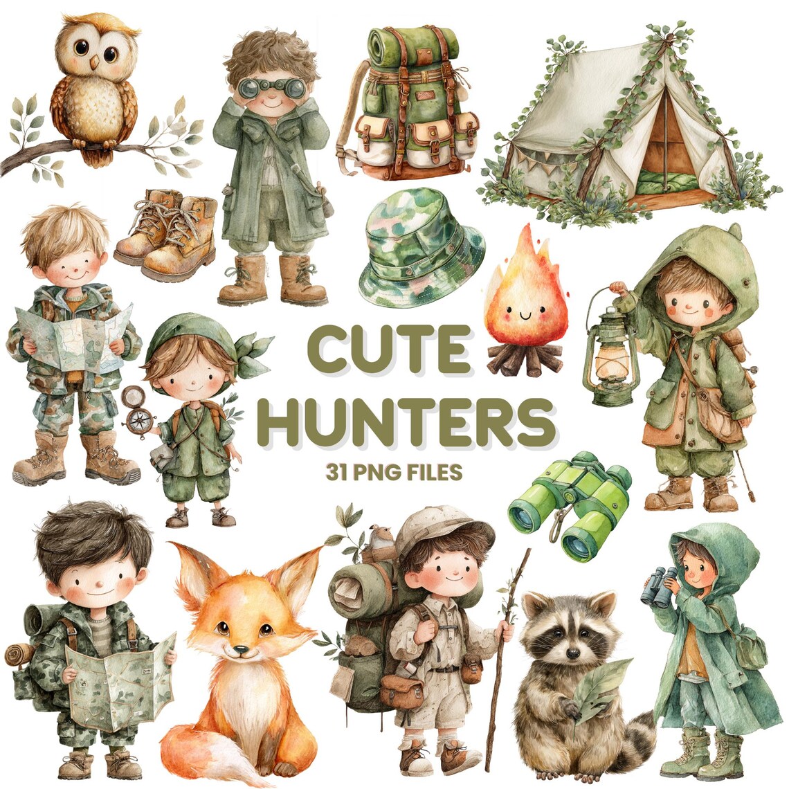 Watercolor Forest Explorer Clipart | Hunting Kids PNG Set (digital ...