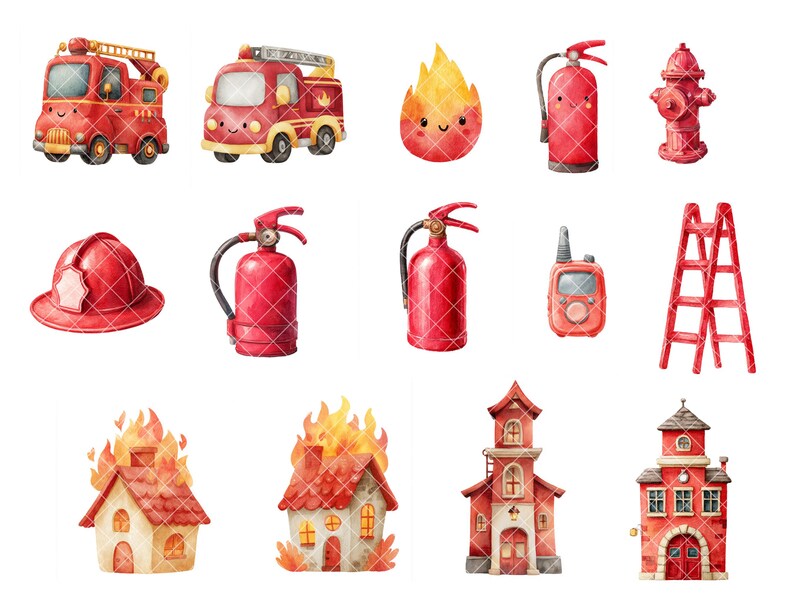 Watercolor Firefighter Clipart Bundle | Firetrucks, Fire Station (PNG ...