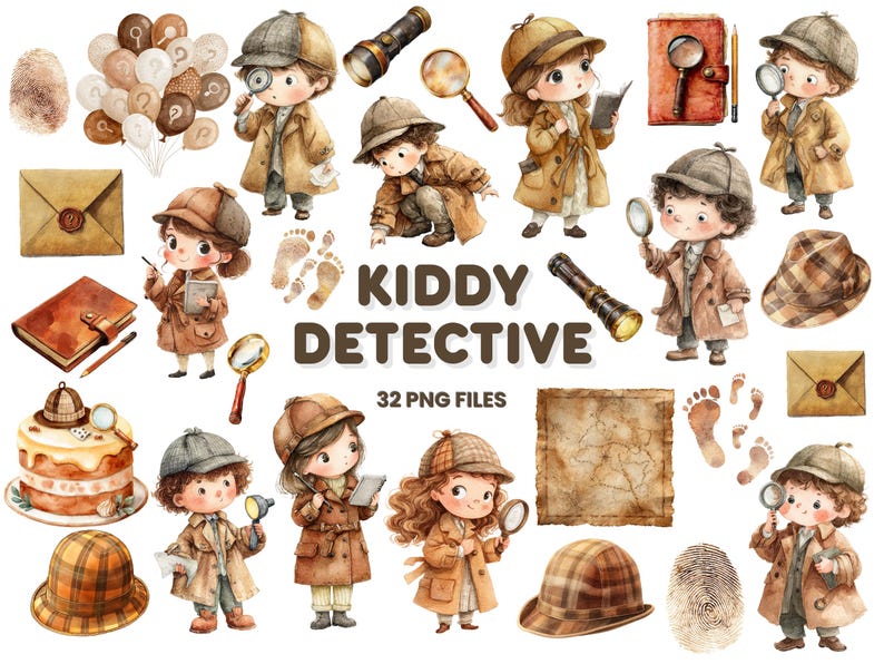 Kiddy Detective Watercolor Clipart Bundle, Birthday Party PNG Files ...