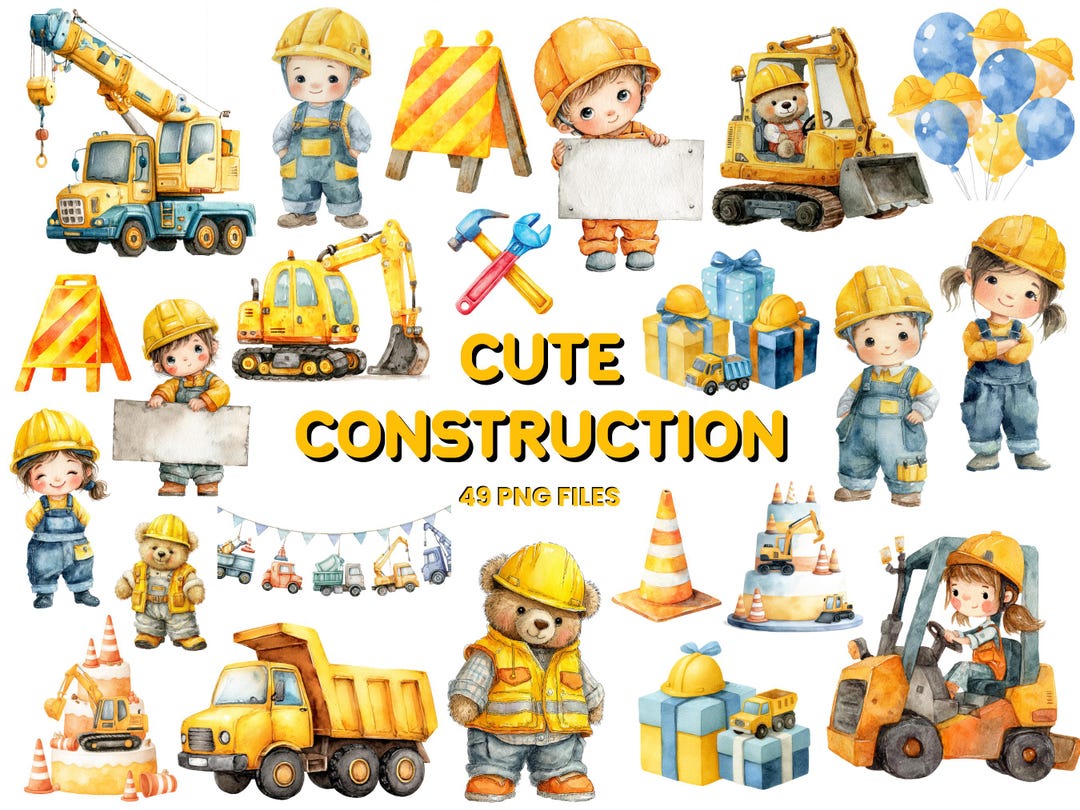 Adorable Construction Clipart | Kids Construction Party PNG, Trucks ...