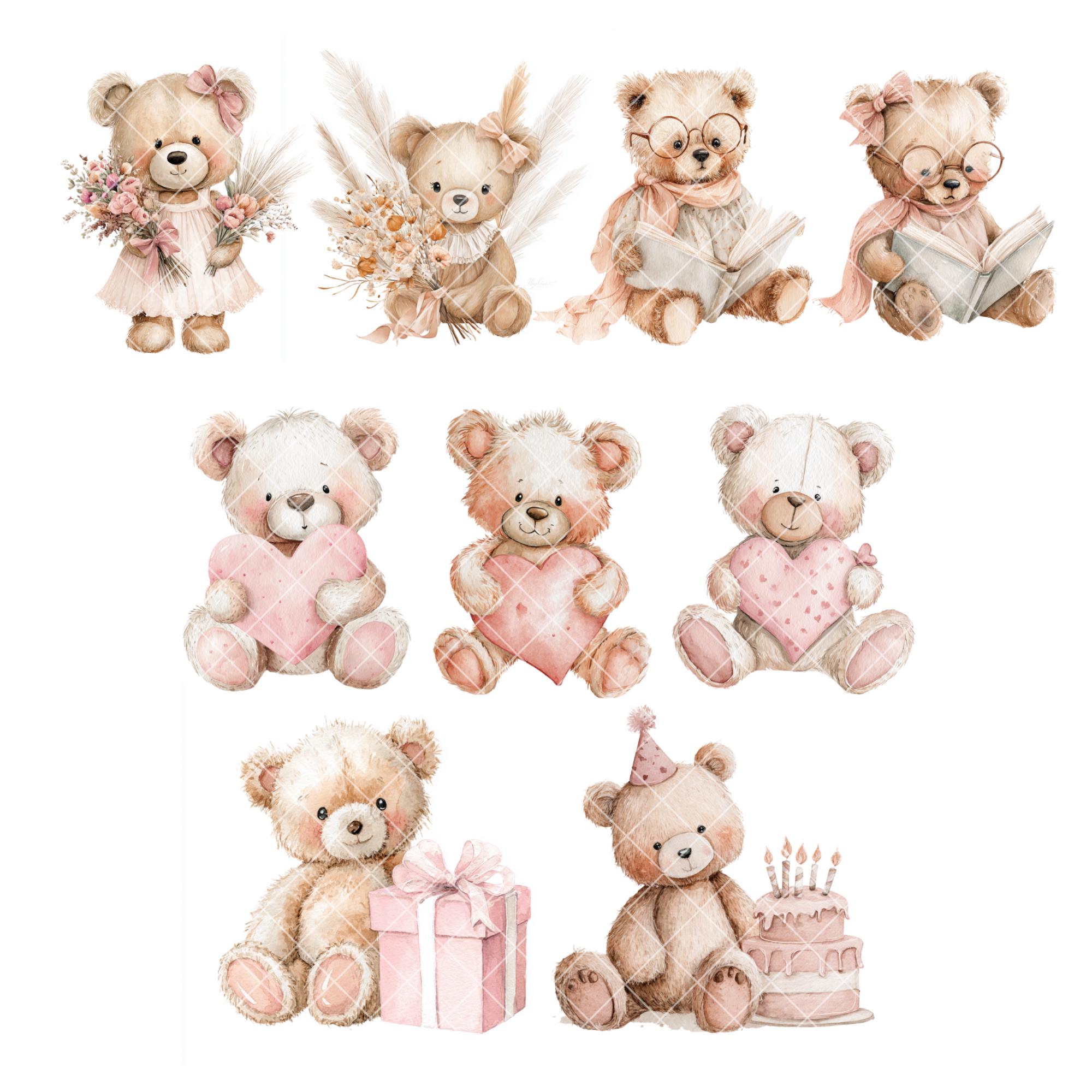 Watercolor Teddy Bear Clipart – Nursery PNG, Commercial Use (digital ...