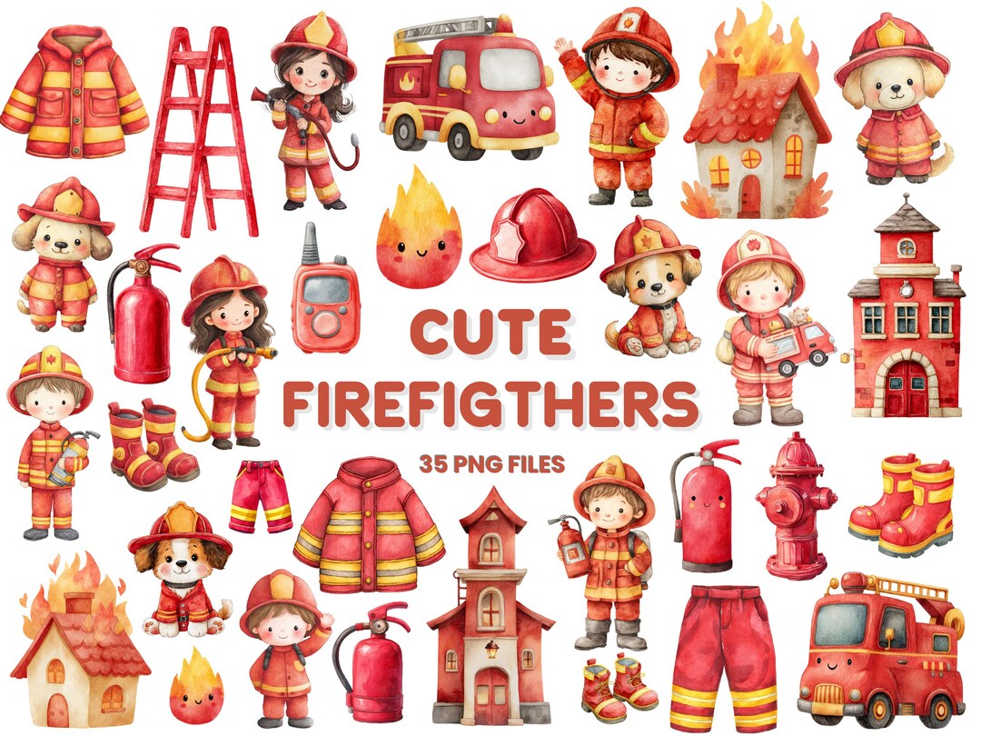 Watercolor Firefighter Clipart Bundle | Firetrucks, Fire Station (PNG ...