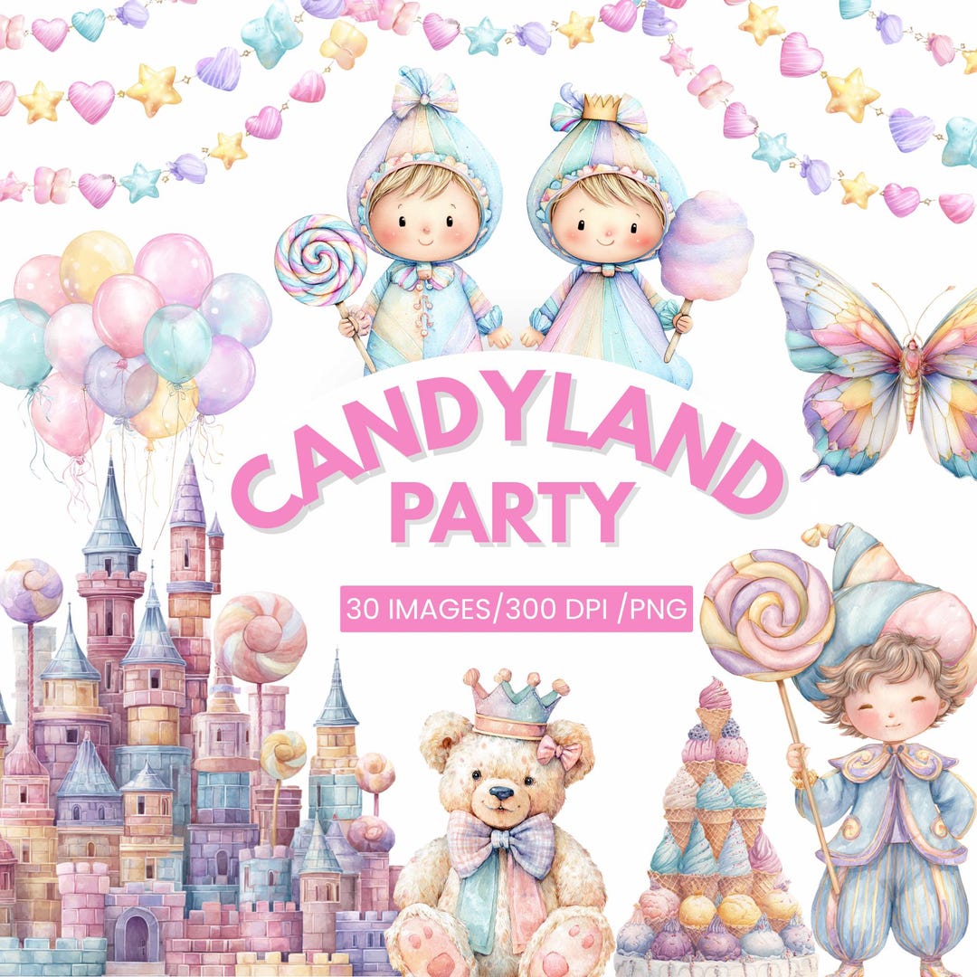 Candyland Party Clipart: Pastel Princess, Prince, Castle (PNG Digital ...