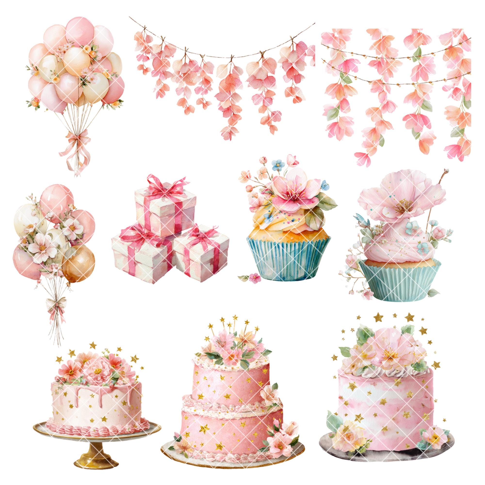 Watercolor Fairy Party Clipart: Pink Fairies, Flowers, Cakes (PNG ...
