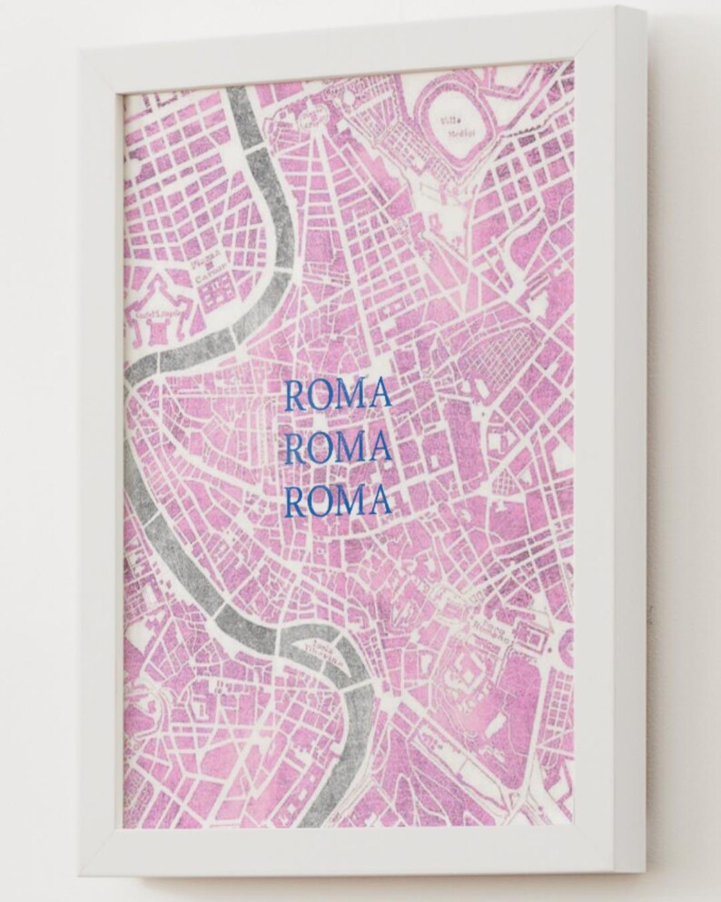 Vintage Roma Map Print – Pink & Blue Rome Wall Art, Historic Italy City ...