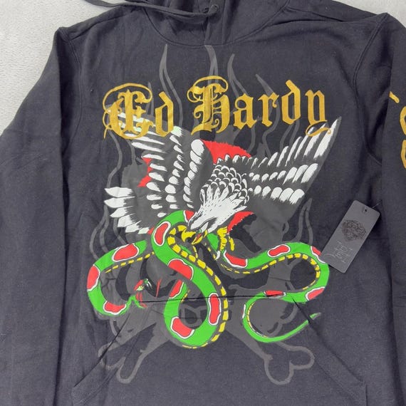 Ed Hardy Snake Graphic Black Hoodie Men’s Size L NWT - Gem