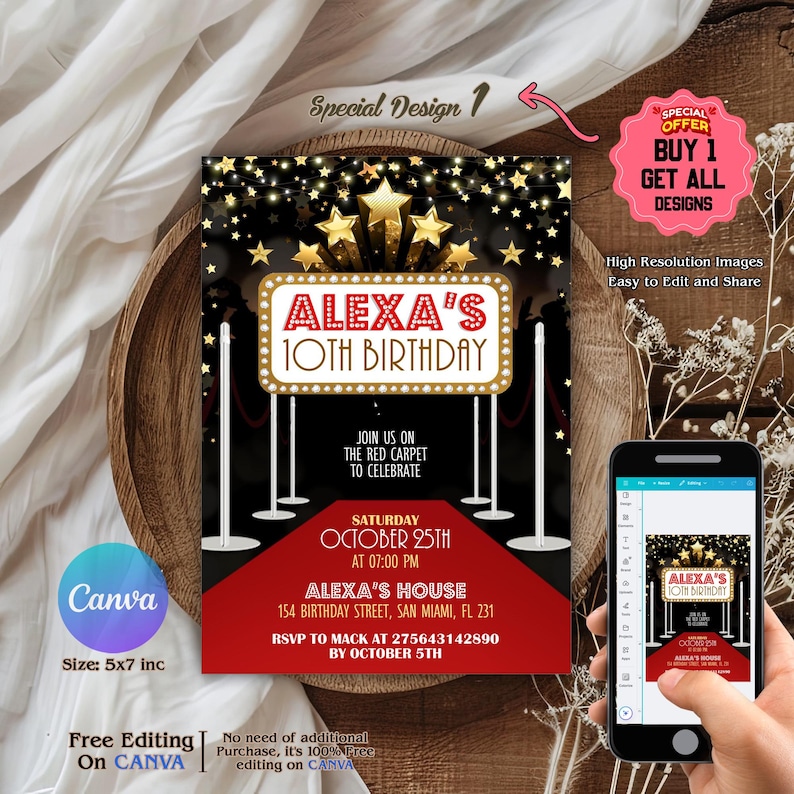 Red Carpet Birthday Invitation, Star VIP Pass Party Invite, Hollywood Theme Birthday Party ...