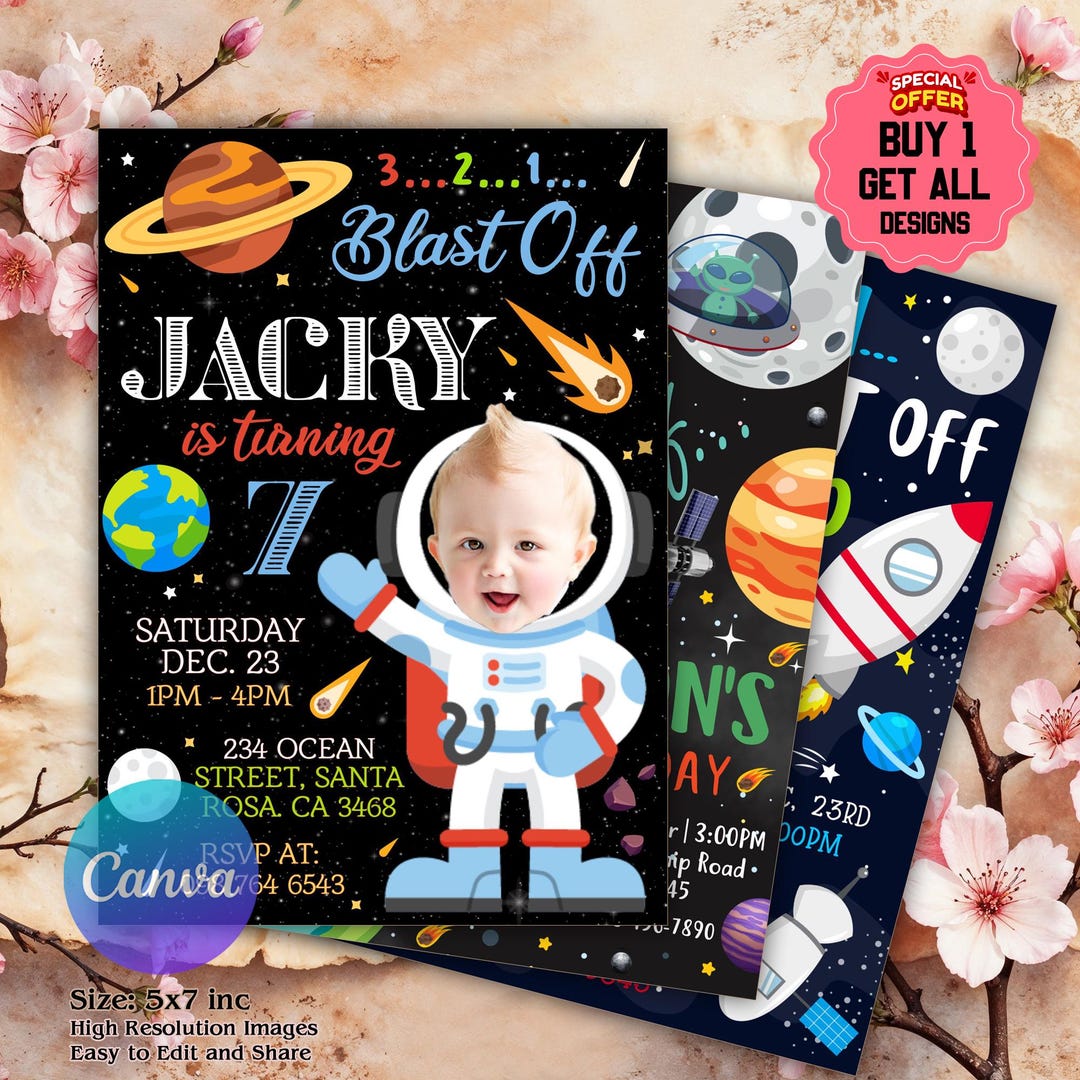Space Birthday Party Invitation, Astronaut Outer Space Theme Invitation ...