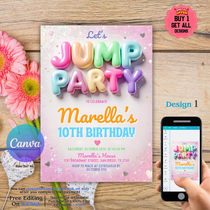 Jump Invitation Editable Jump Birthday Invite Trampoline Party Bounce ...