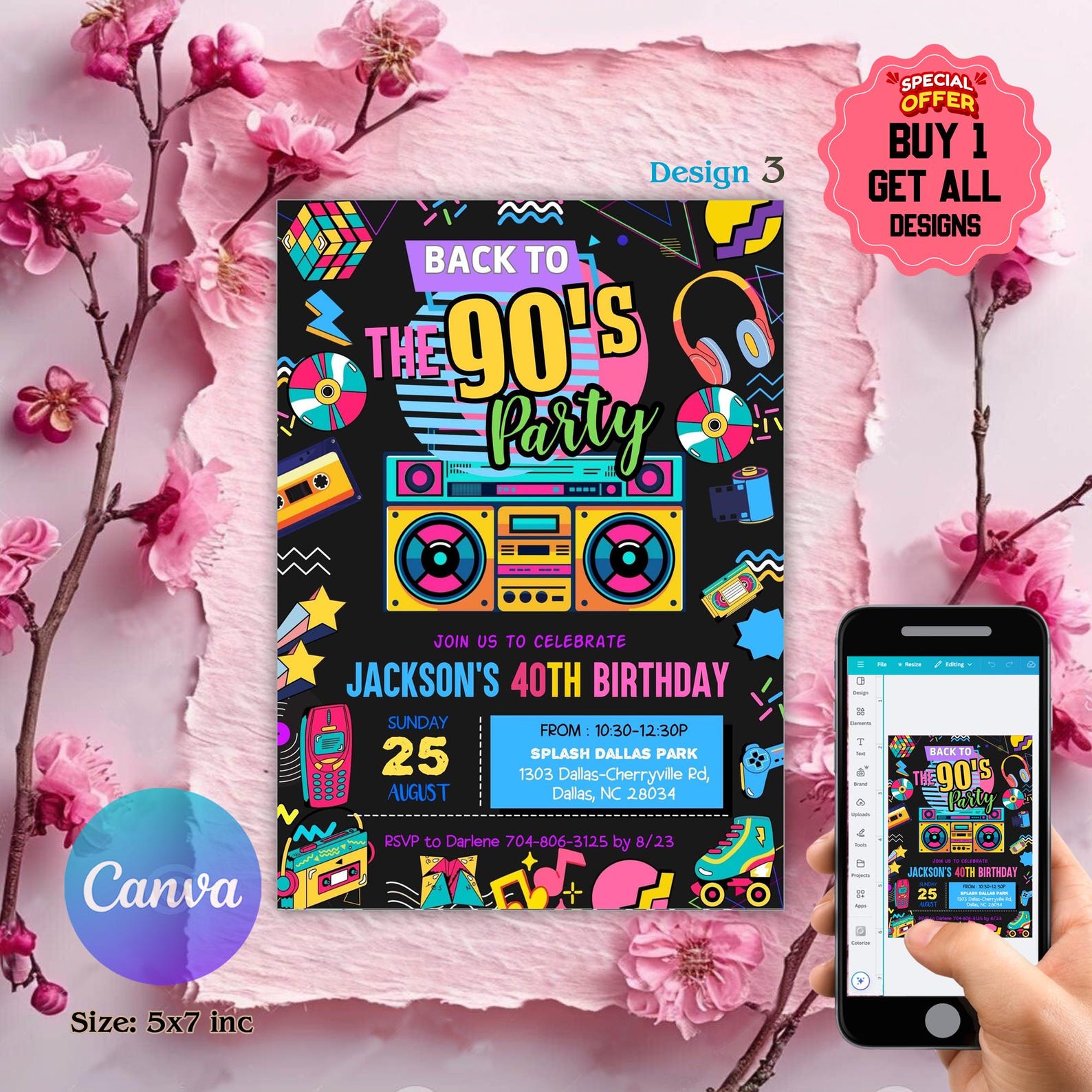 Editable 90s Birthday Party Invitation Back to the 90s Neon Party Glow ...