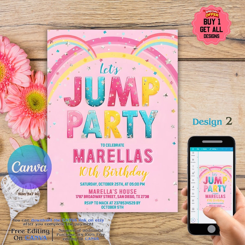 Jump Invitation Editable Jump Birthday Invite Trampoline Party Bounce ...