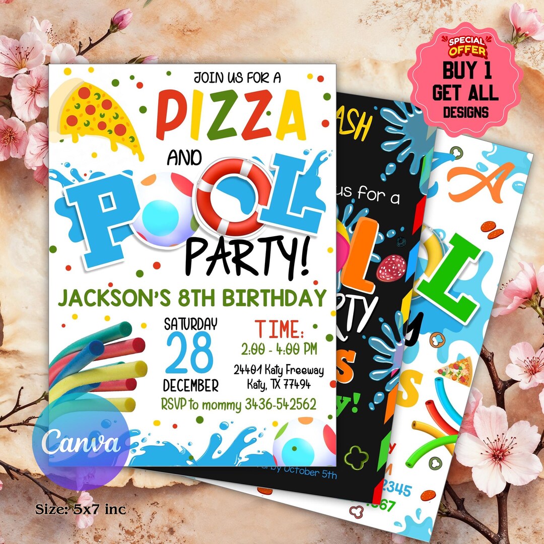 Editable Pizza Pool Party Invitation, Pizza and Pool Party Invite, Boy ...