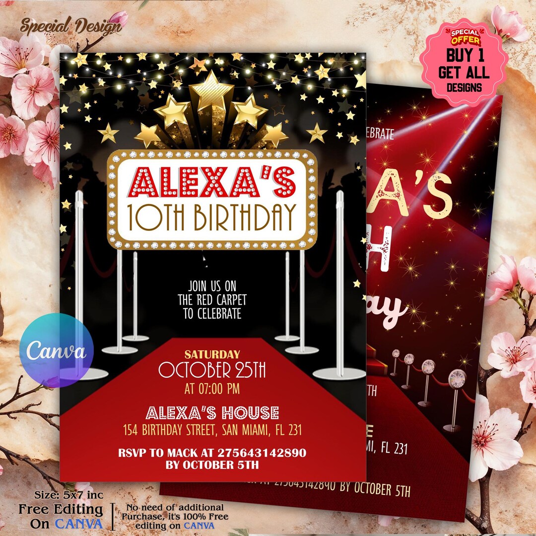 Red Carpet Birthday Invitation, Star VIP Pass Party Invite, Hollywood Theme Birthday Party ...