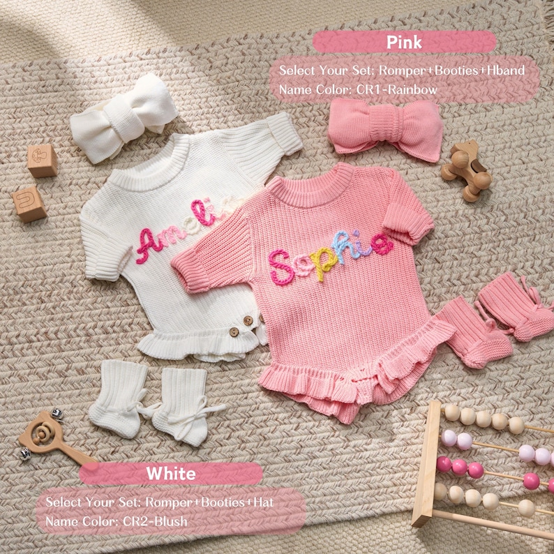 Personalized Knitted Baby Romper Set With Hat & Booties, Custom ...