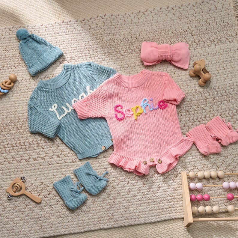 Personalized Knitted Baby Romper Set With Hat & Booties, Custom ...