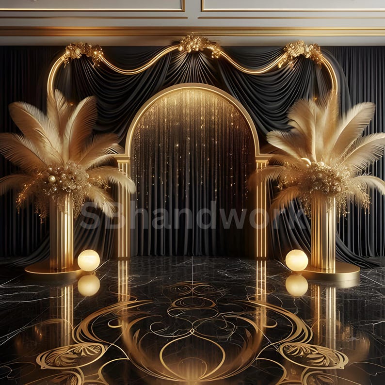 Black & Gold Photography Backdrop, Elegant Feathers Design (digital ...
