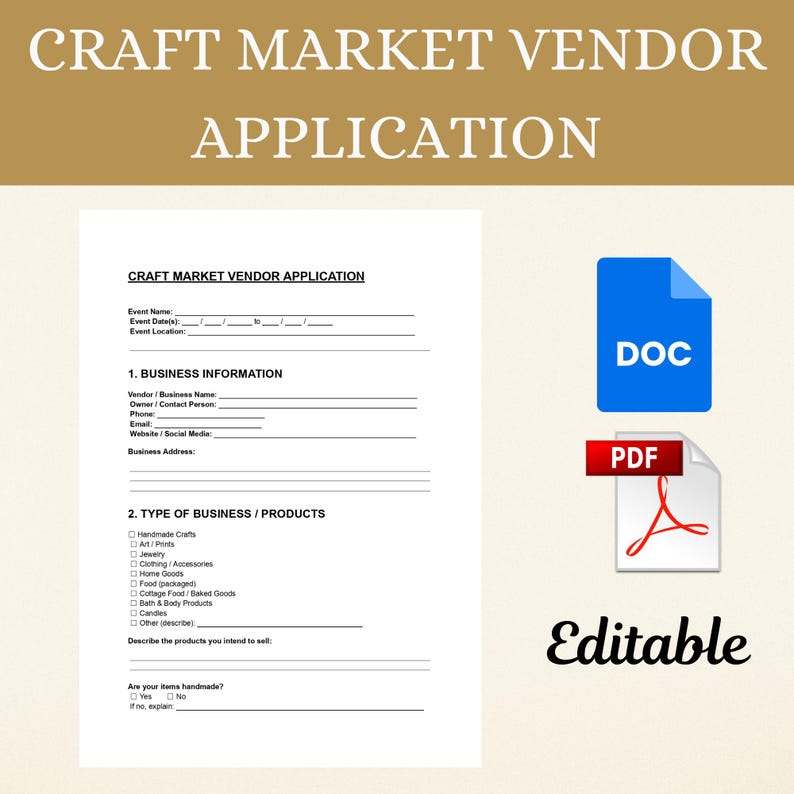 Craft Market Vendor Application Template PDF DOC, Editable Artisan Fair Vendor Form - Etsy