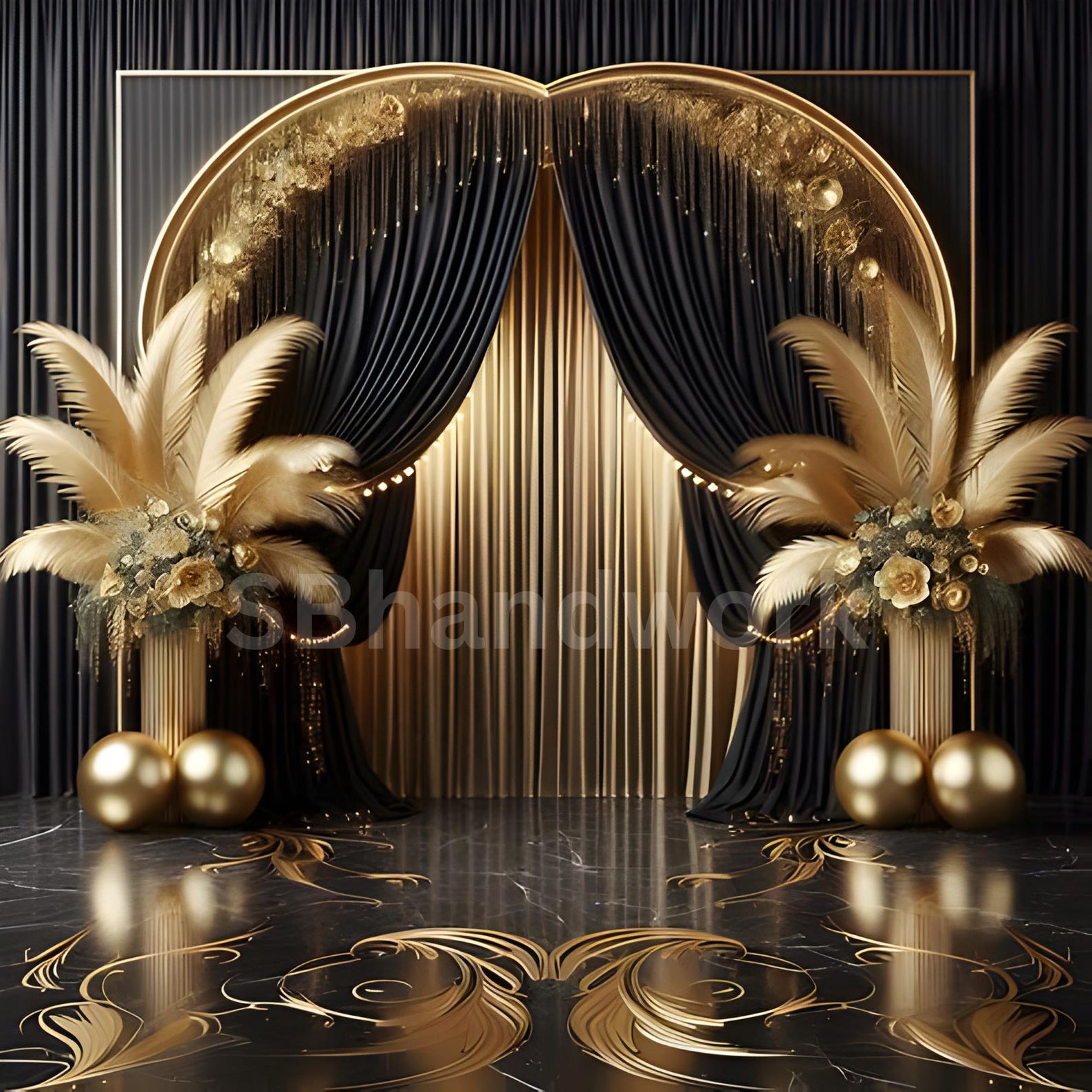 Black & Gold Photography Backdrop, Elegant Feathers Design (digital ...