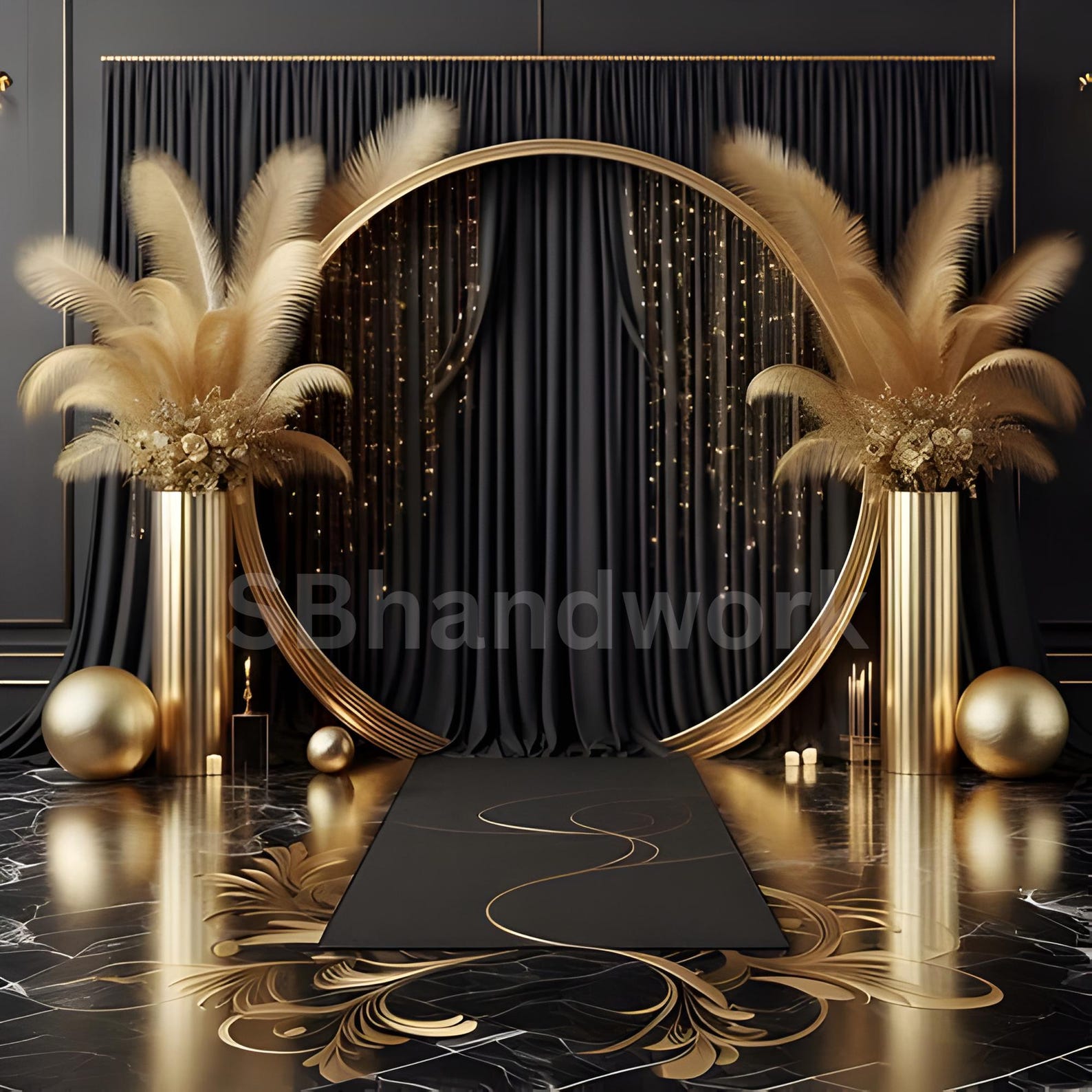 Black & Gold Photography Backdrop, Elegant Feathers Design (digital ...