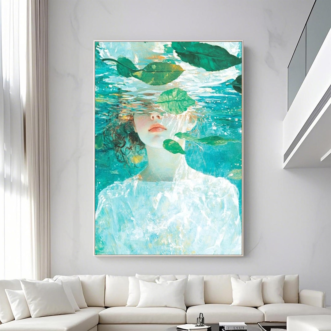 Diving Oil Painting Diving Wall Art Swimming Girl Painting Green ...