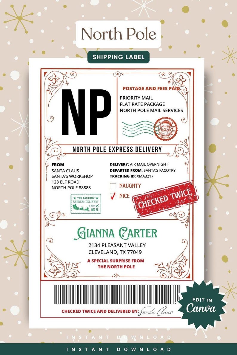 Editable Santa Shipping Label Template: North Pole Christmas (digital ...