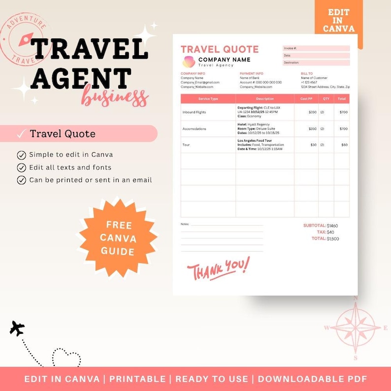 Travel Agent Forms Quote Template, Editable (canva) - Etsy