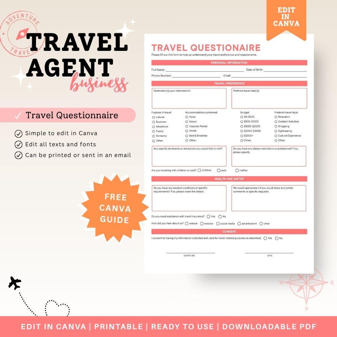 Travel Agent Questionnaire Template | Client Travel Planning (canva) - Etsy