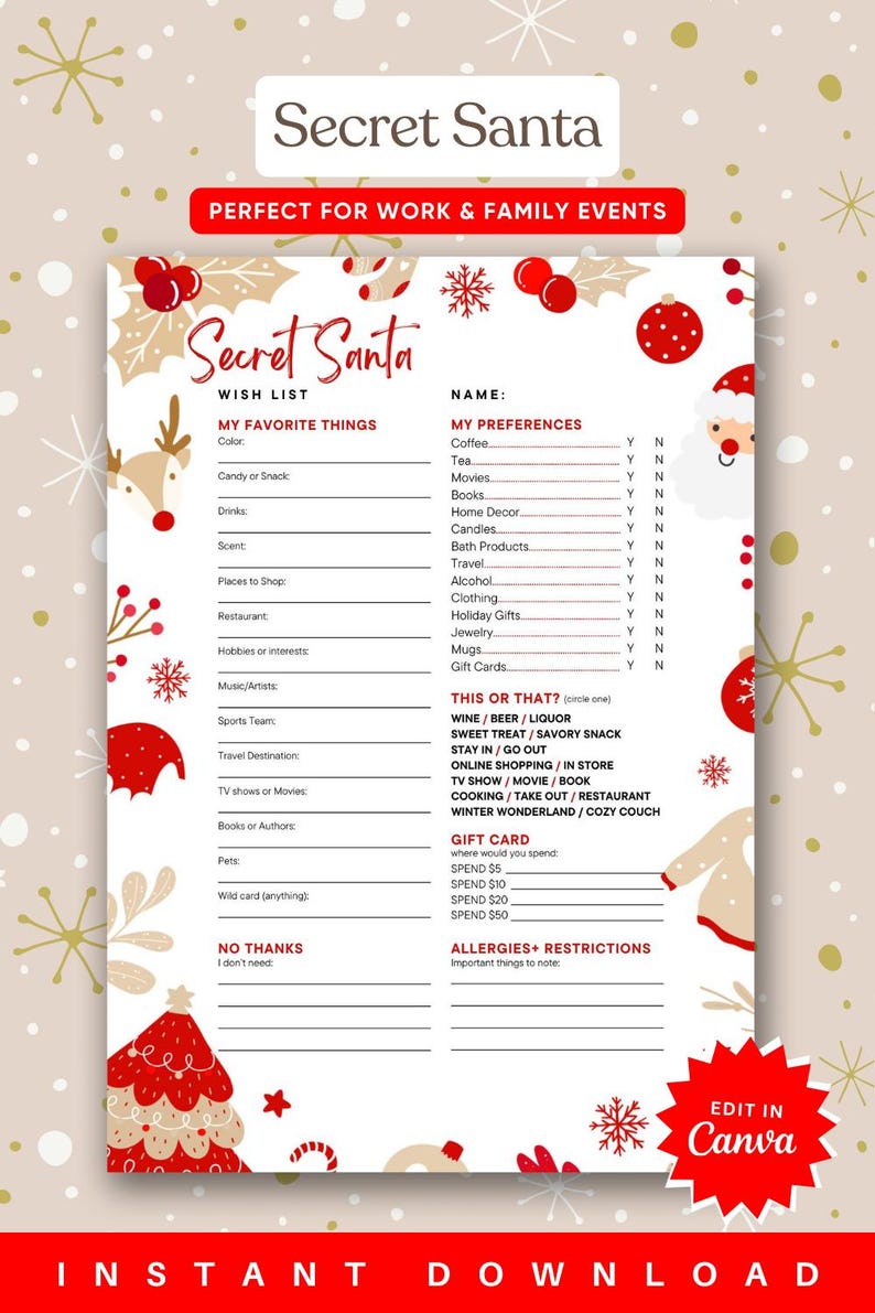 Secret Santa Christmas Wish List Printable for Office Family Gift ...