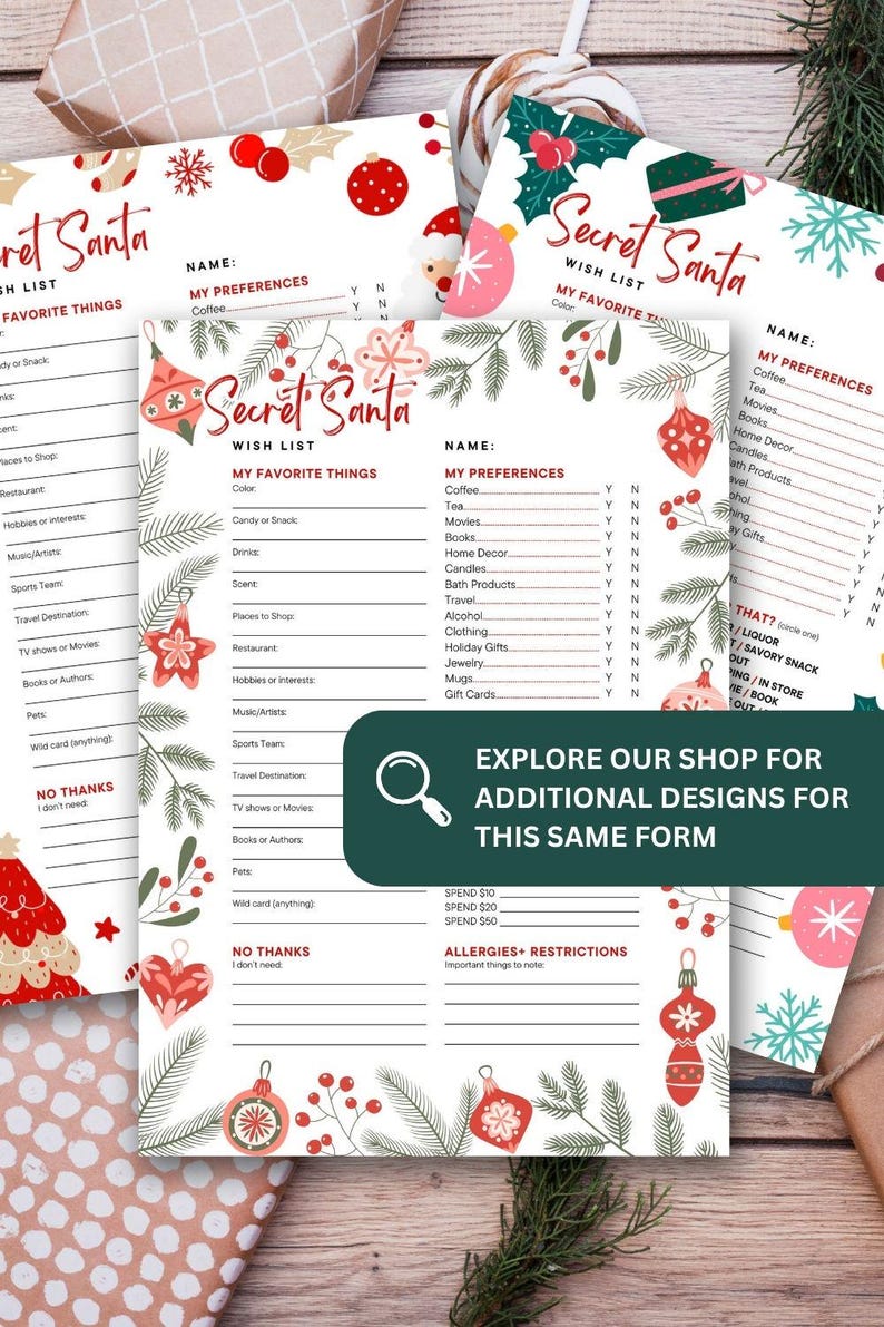 Secret Santa Christmas Wish List Printable for Office Family Gift ...