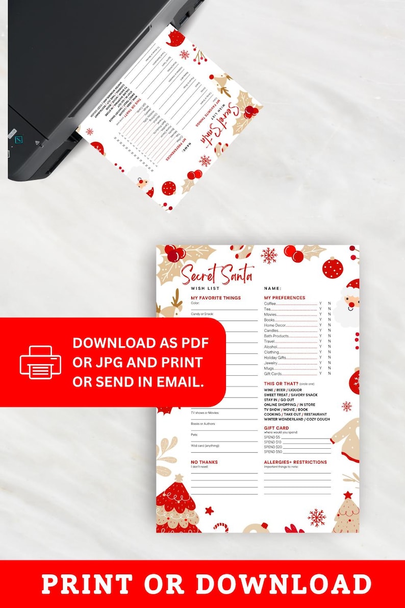 Secret Santa Christmas Wish List Printable for Office Family Gift ...
