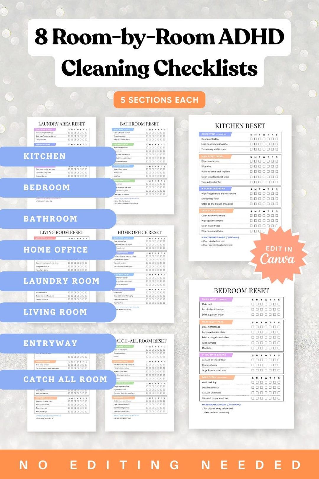 ADHD Planner Cleaning Room by Room Weekly Printable Editable Canva ...