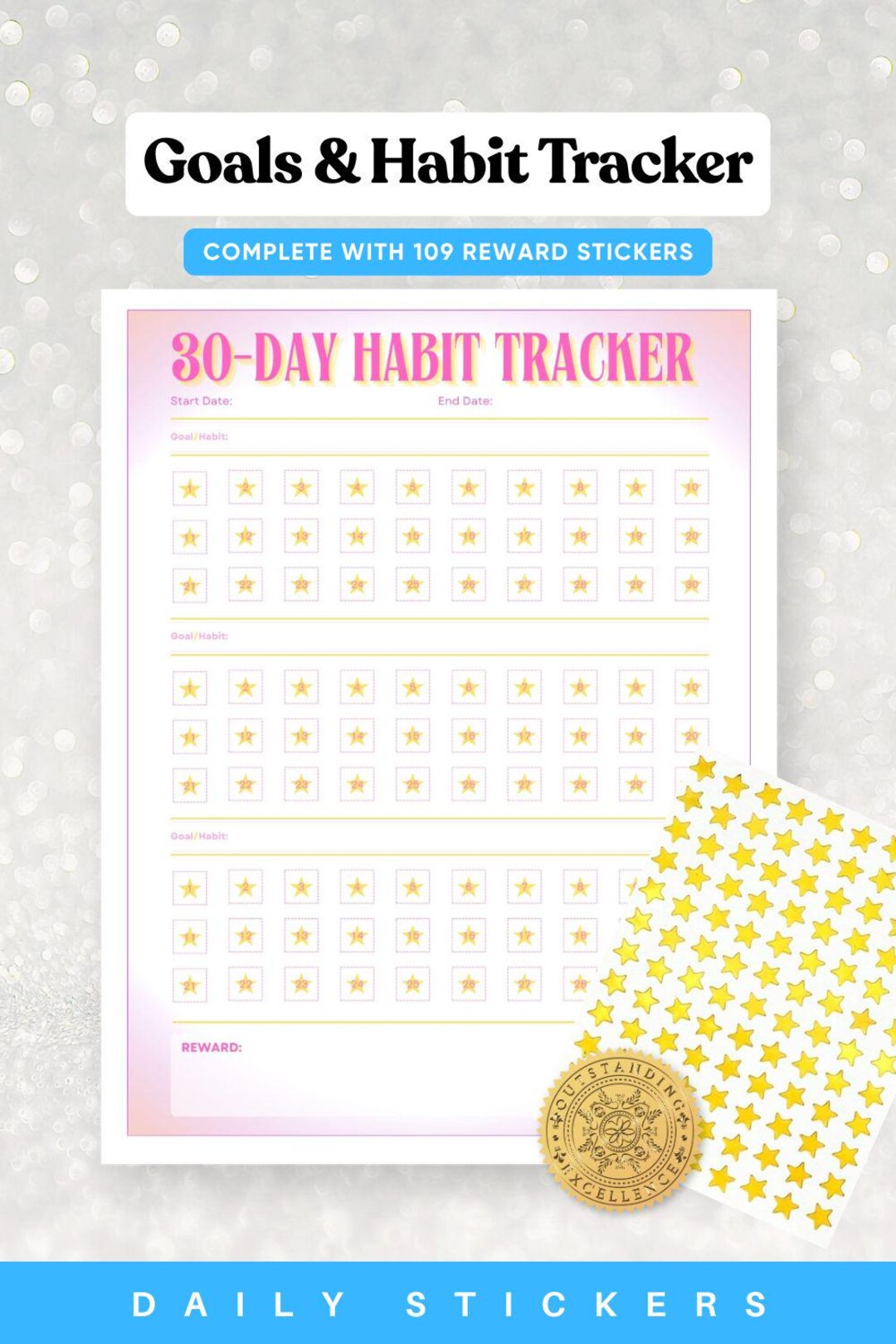 Habit Tracker Daily Routine 30 Days Printed With Gold Star Sticker ...