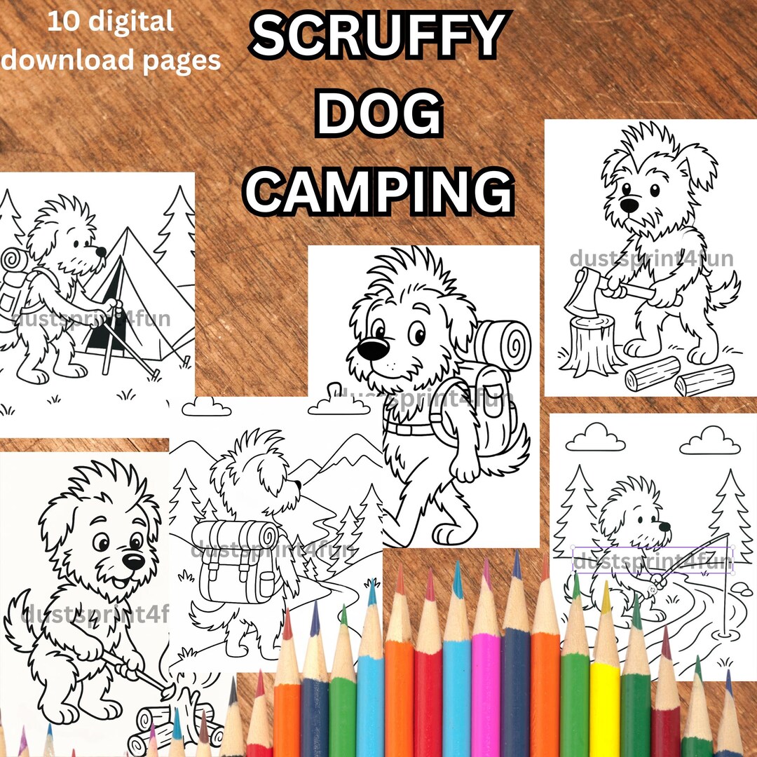 Scruffy Dog Camping 10 Digital Colouring Pages PDF Fun Printable Dog ...