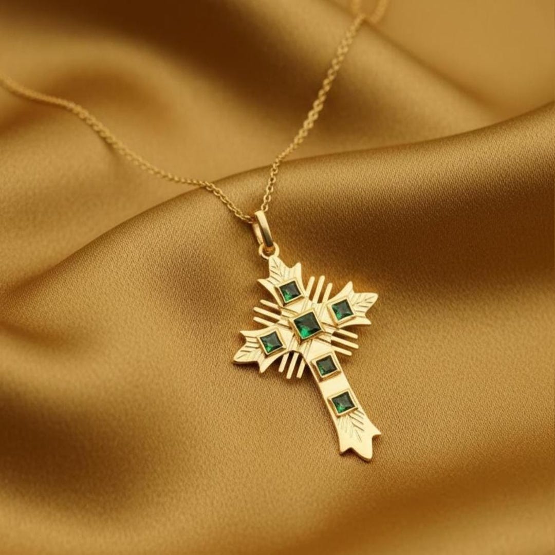 Vintage Style Green Stone Cross 14k Gold Plated Silver Byzantine Ornate ...