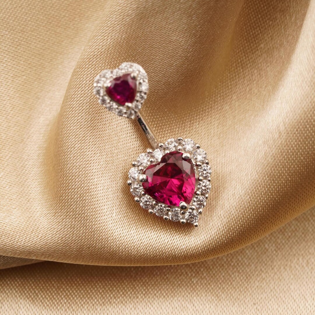 Ruby Heart Belly Button Ring, Double Halo, 925 Sterling Silver - Etsy