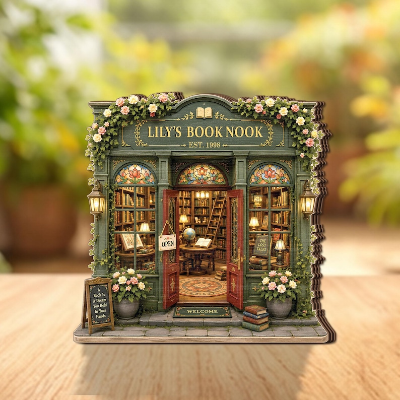 Personalized Book Nook Wooden Block, Custom Mini Bookstore Decor, Book ...