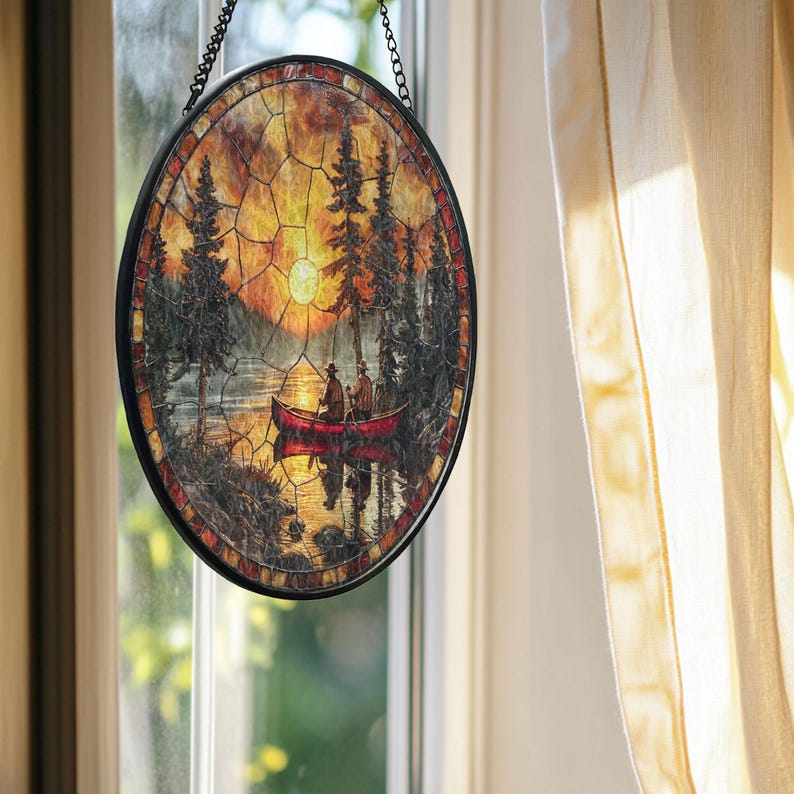 Stained Glass Canoe Sunset Suncatcher: Lake Scene Window Hanging - Etsy