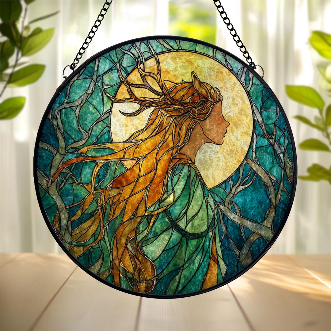 Celtic Forest Goddess Stained Glass Suncatcher, Moonlight Fairy Spirit ...